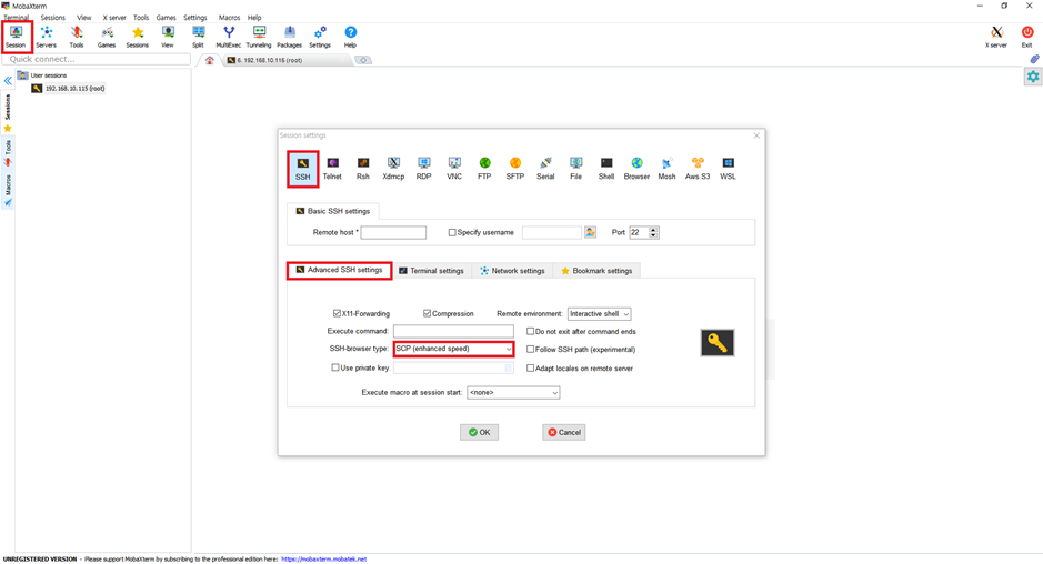 Mobaxterm SCP 탭에 아무것도 나오지 않을 때,