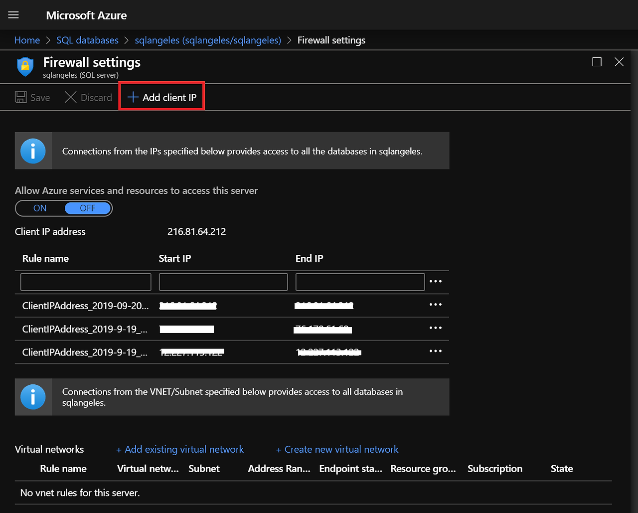 Azure Sql Database 및 Azure Sql Data Warehouse Ip 방화벽 규칙