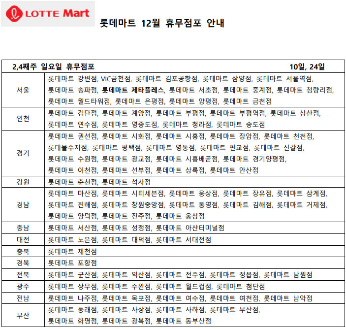 2023년 12월 롯데마트 휴무일 안내 롯데마트 12월 휴무일 정보 12월 롯데마트 휴무일