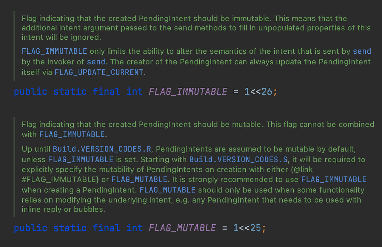 [Android] - PendingIntent FLAG_IMMUTABLE, FLAG_MUTABLE 에러 — Linitial 의 생존코딩