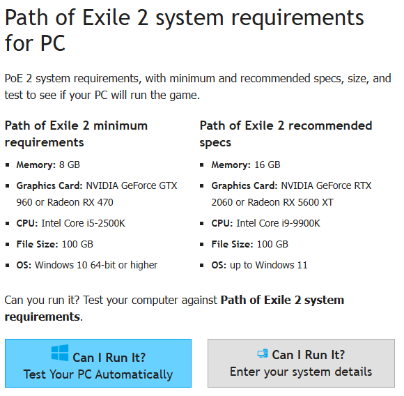 [PoE2] 패스 오브 엑자일2 용량 및 권장 사양 총정리 | PCGameBenchmark 벤치마크 돌려보기