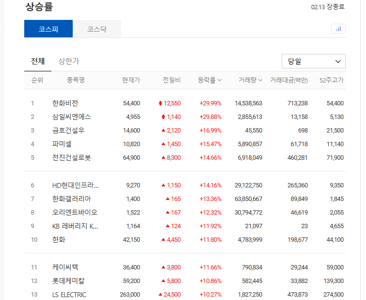 2025년 2월 13일 시간외 상승종목 시간외 상한가 단일가 거래량 상위 특징주