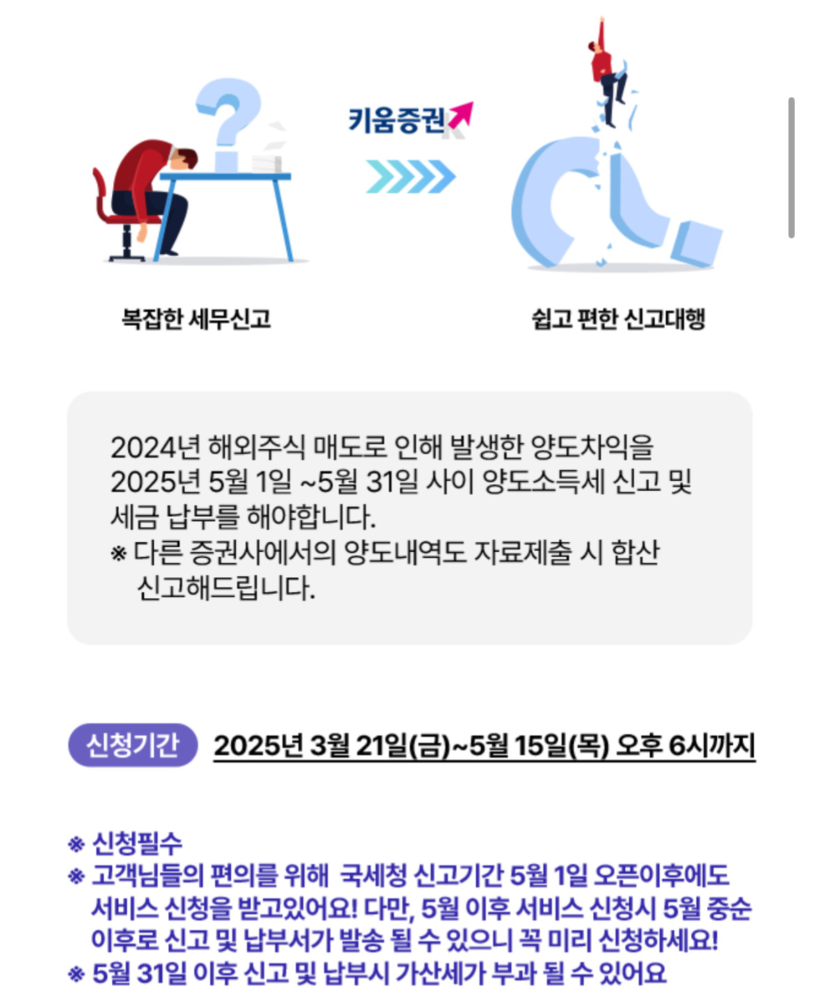 키움증권 해외주식 양도소득세 신고대행 신청방법 기간 타사시청 합산신고