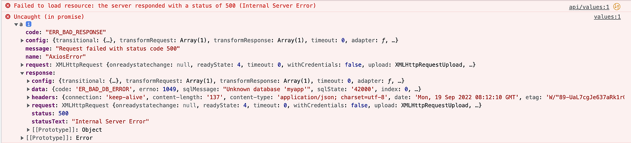 {code: 'ER_BAD_DB_ERROR', errno: 1049, sqlMessage: "Unknown database 'myapp'", sqlState: '42000 ...