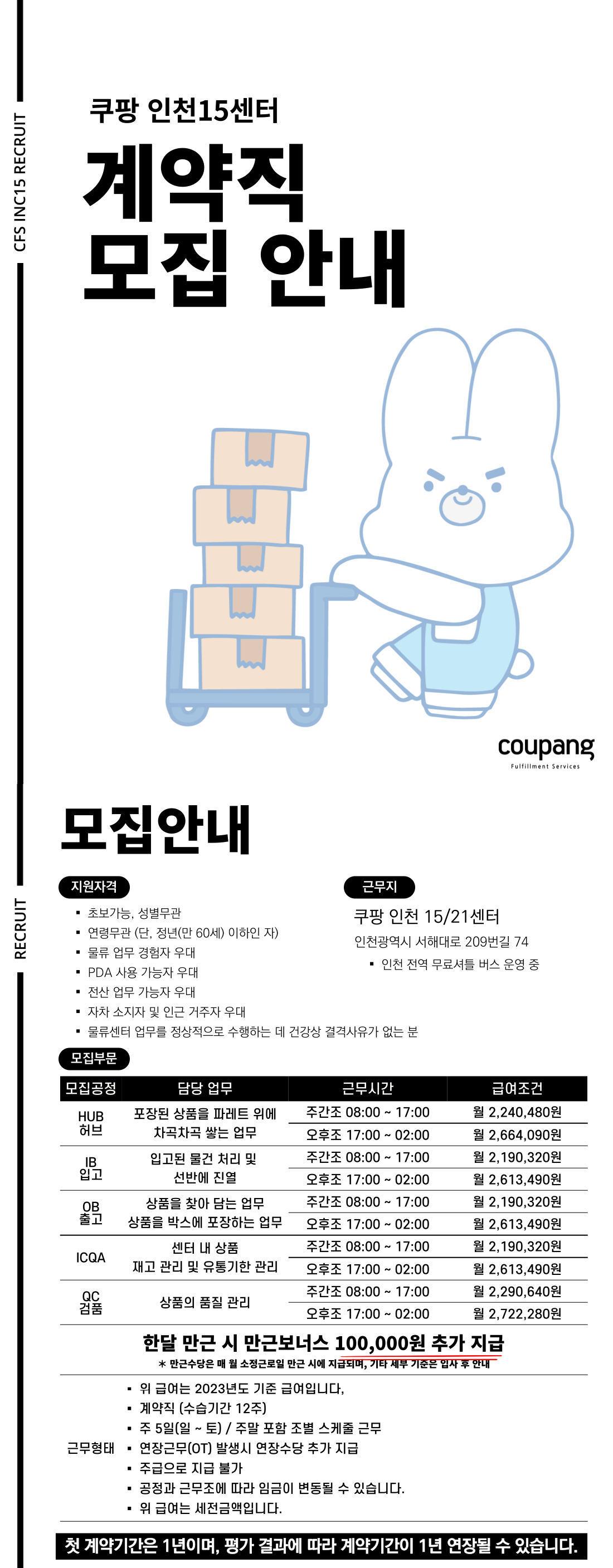 쿠팡풀필먼트서비스유 쿠팡cfs 인천15센터 물류사원 채용상시 채용 사람인