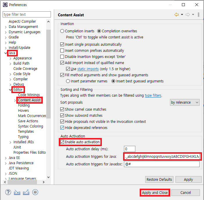 [이클립스, Eclipse] 글자 입력시 자동 완성되도록 설정
