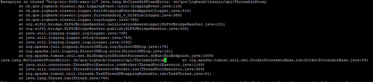 java.lang.NoClassDefFoundError: ch/qos/logback/classic/spi/ThrowableProxy 에러