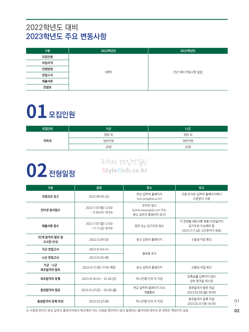 동덕여대 약대편입 2023학년도 모집요강 간편하게 보자