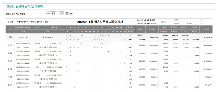 건설업 일용직 근무 급여 관리 엑셀 프로그램 템플릿 추천 지급명세서 근로소득지급명세서 급여대장 급여계산기 4대보험계산기