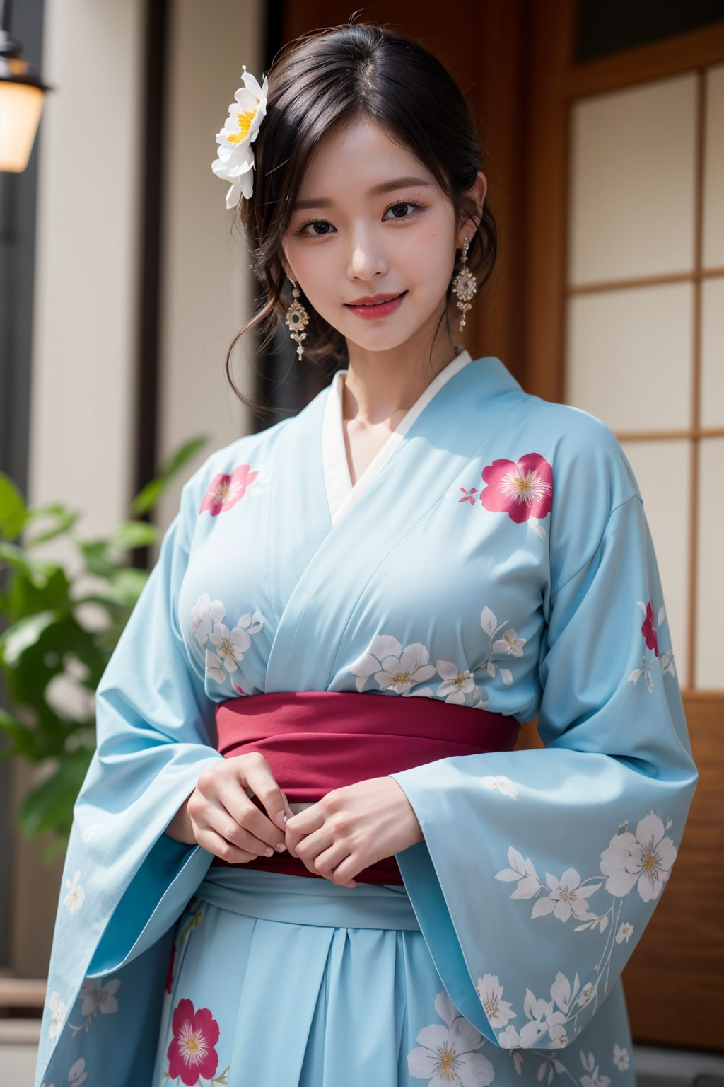 푸른색 남색 계열 기모노 입은 여자 그려