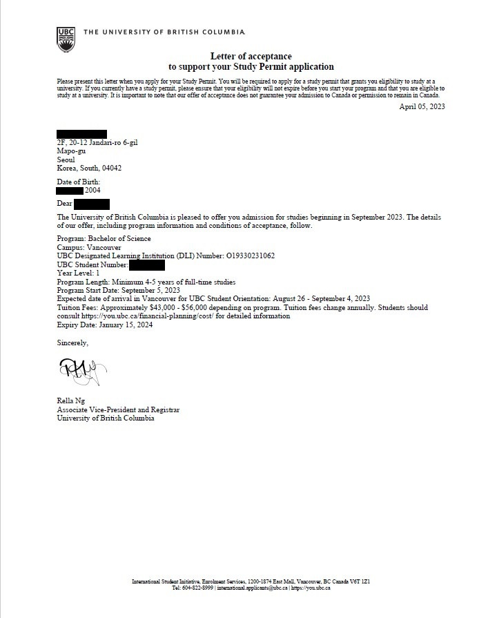 2023년 합격 4 캐나다 브리티시 컬럼비아 대학교 Ubc 과학대학 Bachelor Of Science 2023