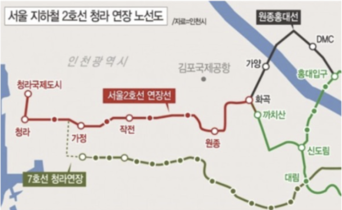 서울2호선 청라연장 노선도 대장홍대선 연장 노선 수혜지역