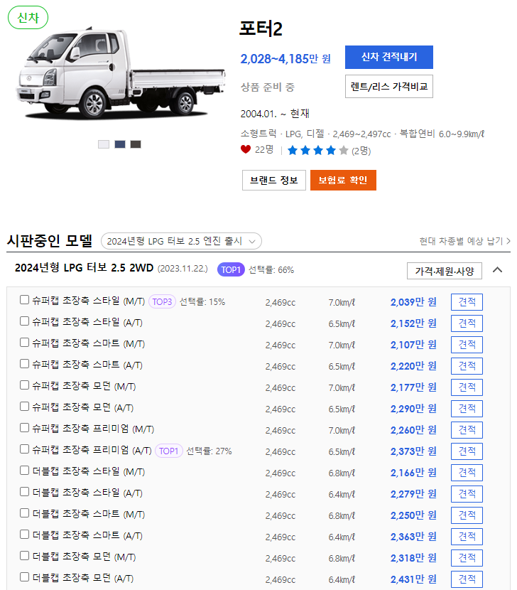 2024 포터2 LPG 가격표(신형) | 현대 1톤트럭 가격