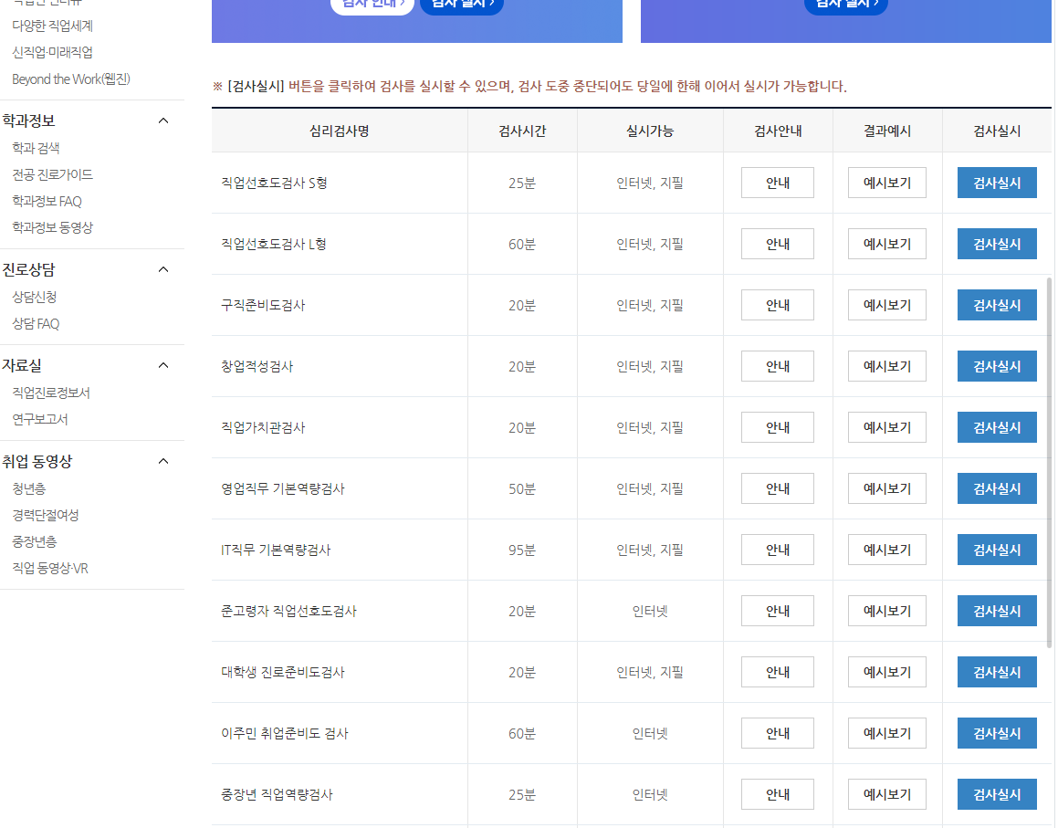 워크넷 성인용 심리검사 하는 법구직준비도 검사 직업선호도 검사 등