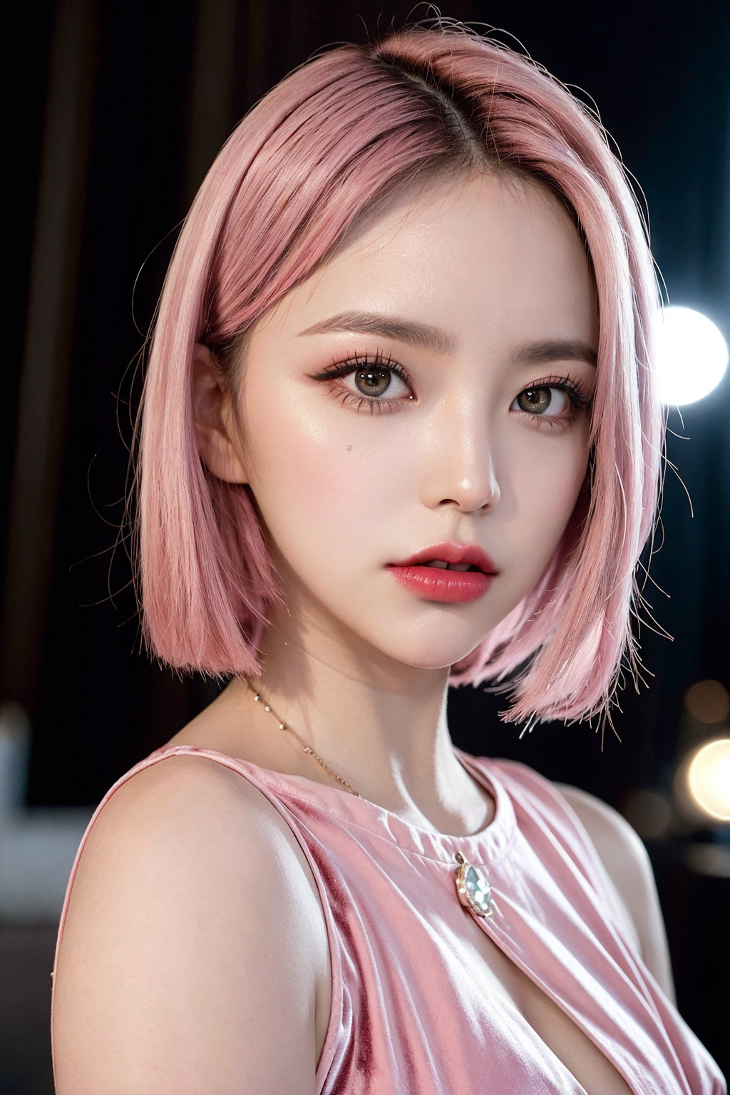 Ai로 생성한 핑크머리 이브닝 드레스 입은 여자 이미지 생성하기
