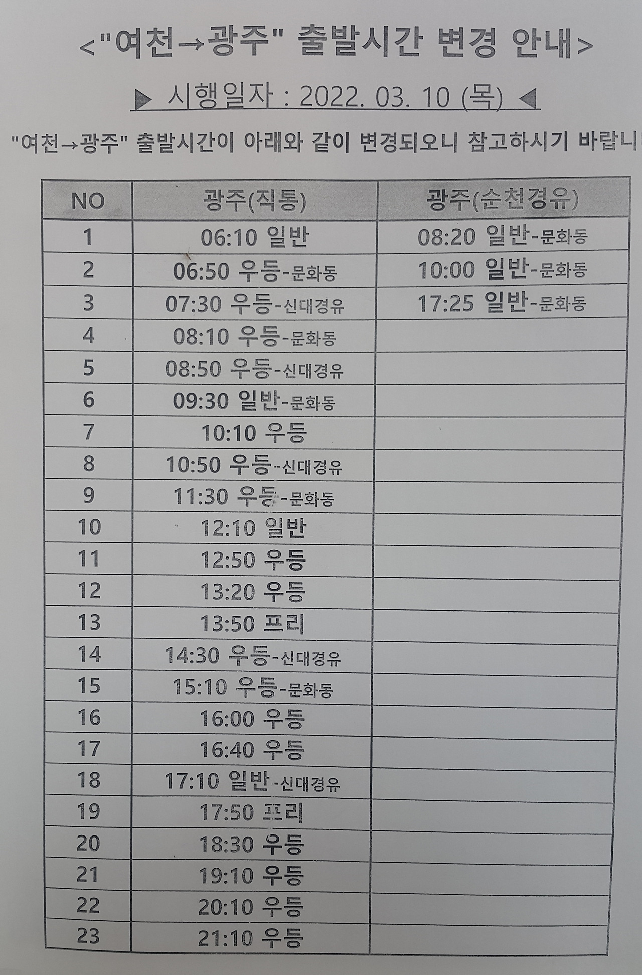 여수 여천시외버스 정류소 시간표