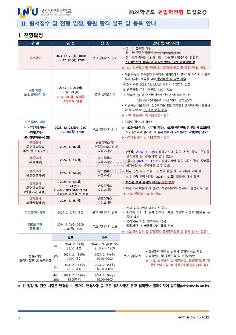 인천대 편입 2024학년도 모집요강 간편하게 보자