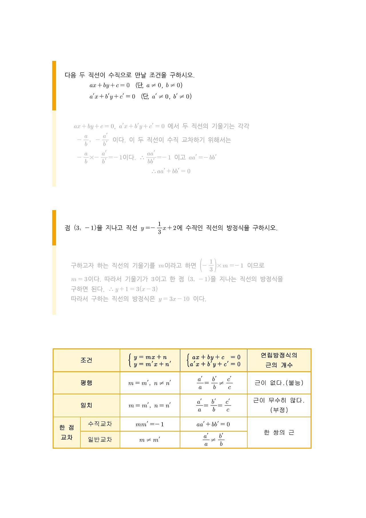 수학 개념 정리공식 직선의 방정식 두 직선의 위치 관계 두 직선의 교점을 지나는 직선 점과 직선 사이의 거리 세