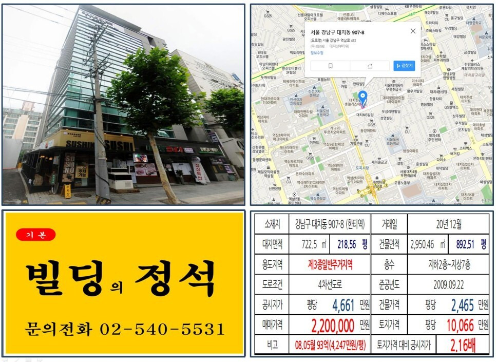 강남구 대치동 학원가 200억 빌딩 실거래가 조회 대치동 907 8 한티역 220억 원 평당 1억 66만 원
