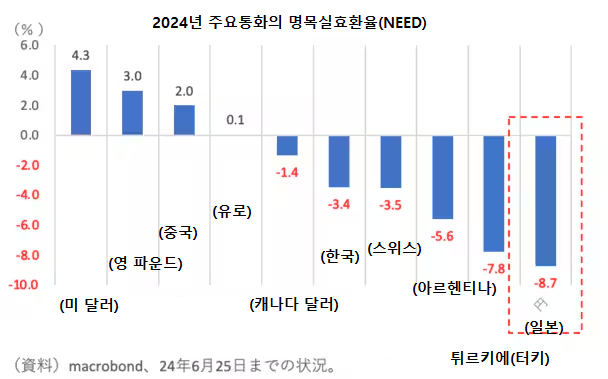 세계 가장 약한 통화가 된 곤두박질한 엔화 터키와 아르헨티나 보다도 낮은 2024 상반기