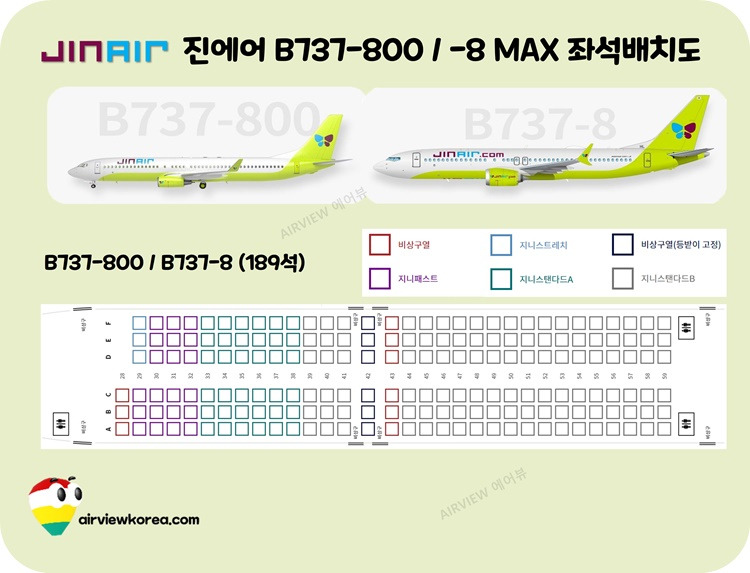 ️진에어 B737-800/-900/-8 MAX 좌석 배치도, CLASS & 기종 정보