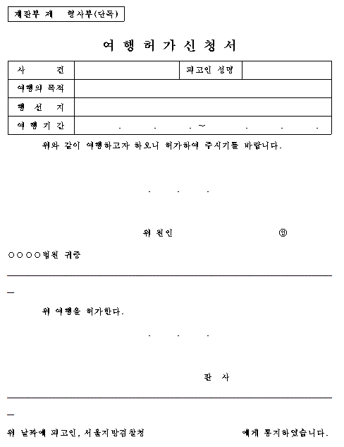 서식 여행허가신청서 피고인출국허가신청서