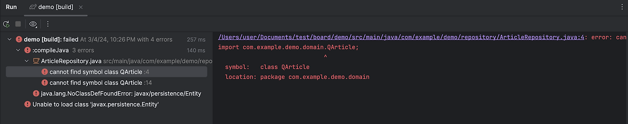 [ QueryDSL ][ Spring ] Unable to load class 'javax.persistence.Entity' 에러 해결 방법