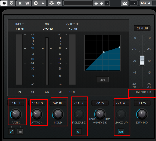 큐베이스 컴프레서_Compressor_Threshold_Ratio_Attack