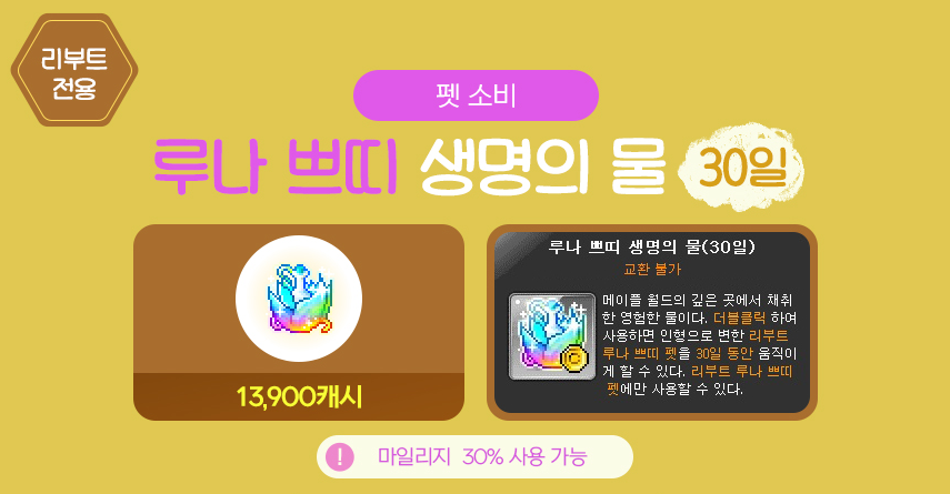 리부트 자석펫 할인 받는 방법 팁 자석펫 장비 루나 쁘띠 생명의 물 마일리지