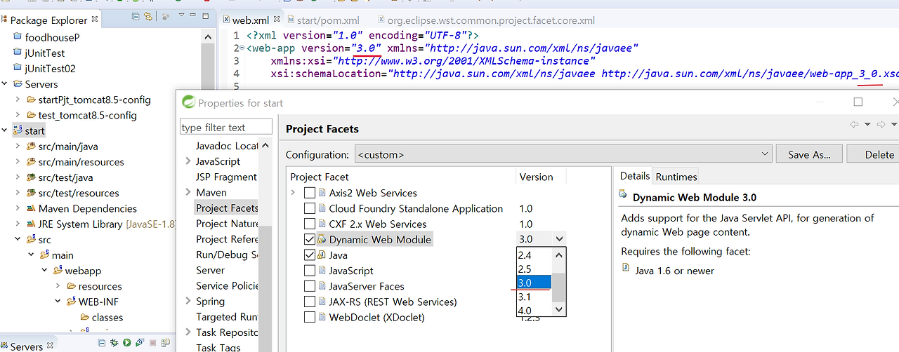 - 프로젝트 우클릭>properties>Project Facets> Dynamic Web Module도 3.0으로