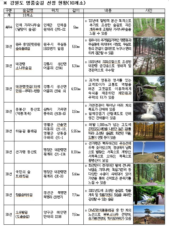 강원도 산림청 주관 ‘걷기 좋은 명품숲길 30선 최다多 선정