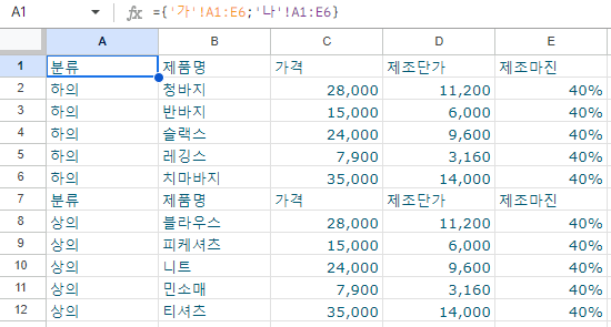 여러시트에 있는 내용 합치기 다중 데이터 한 번에 보기