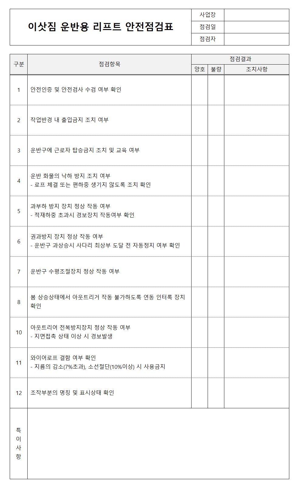 이삿짐 운반용 리프트 안전점검표
