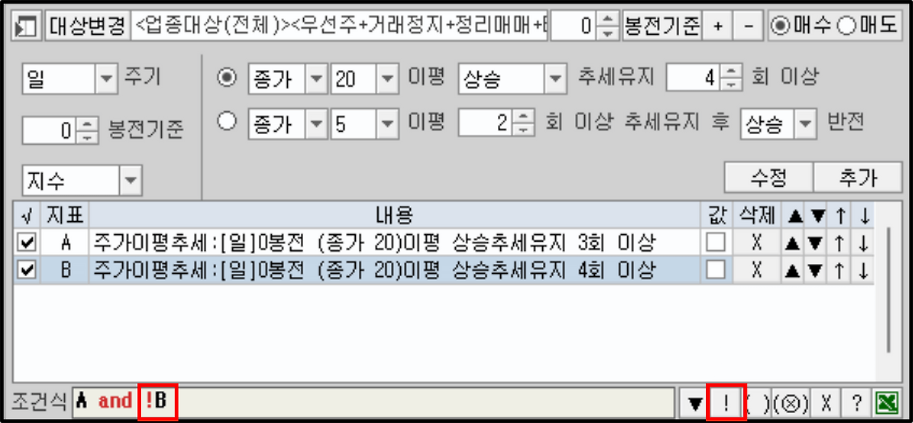 조건식 부정 방법 조건식 제외 설정 조건검색기 활용 Soms의 주식투자