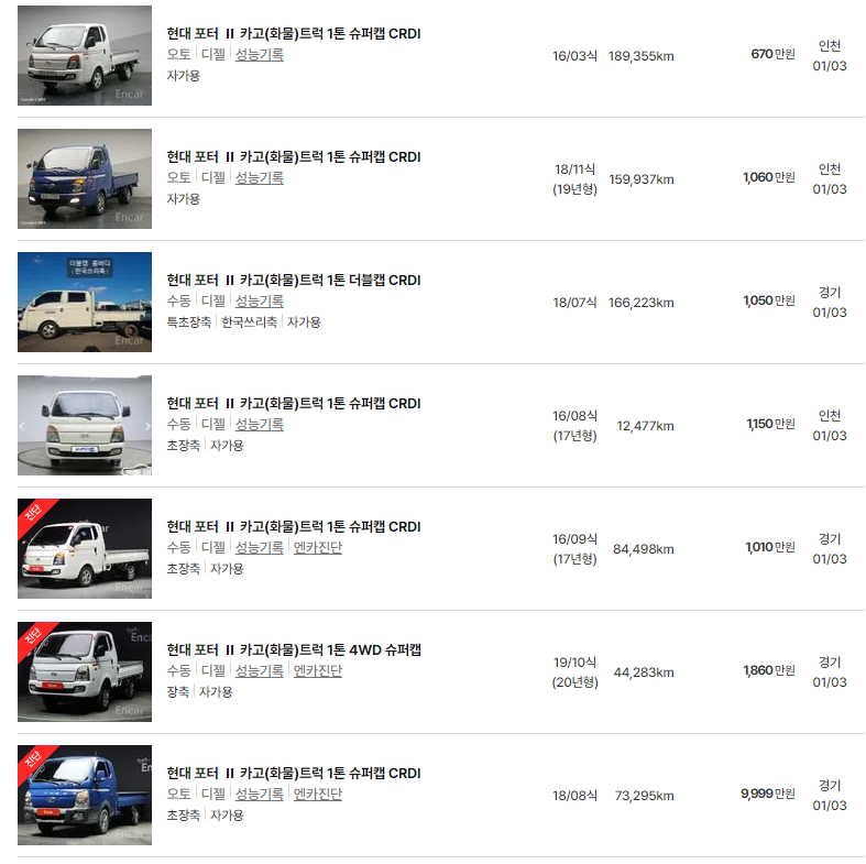 1톤 화물차 중고차 가격 시세표 25년 6월 기준