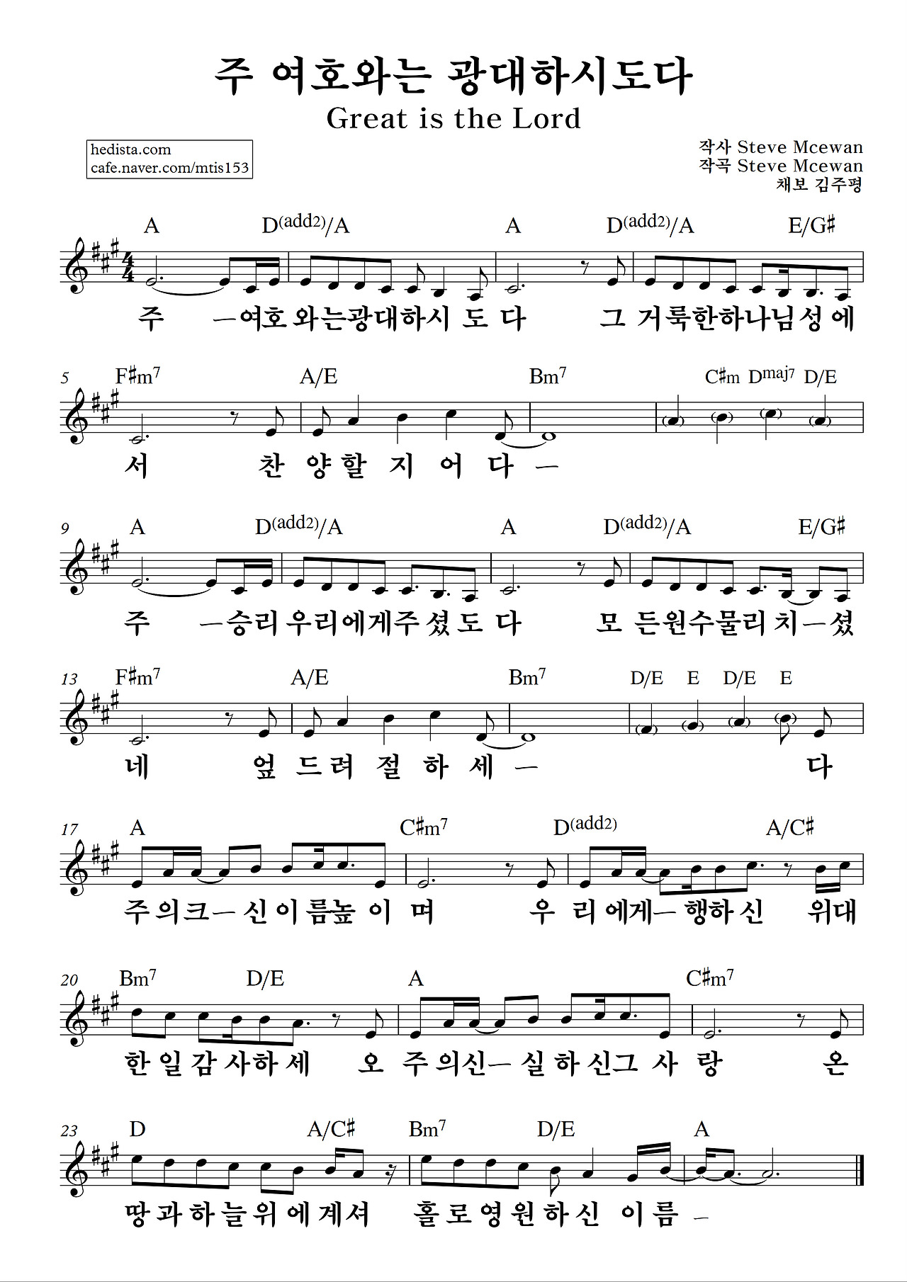 주 여호와는 광대하시도다 악보 [F,G,A,B key]