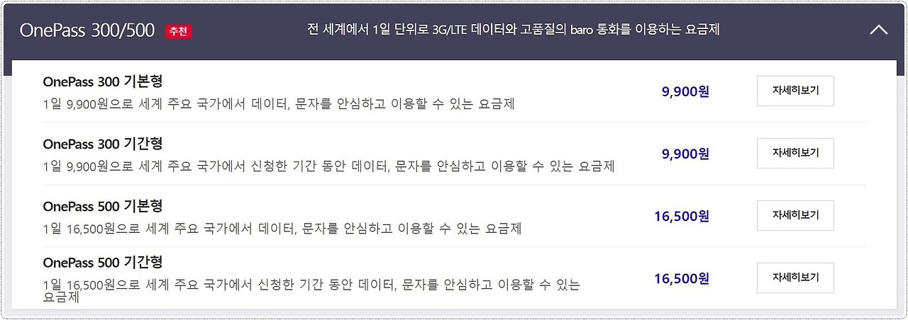 SKT 로밍 요금제 정리 (OnePass, baro)