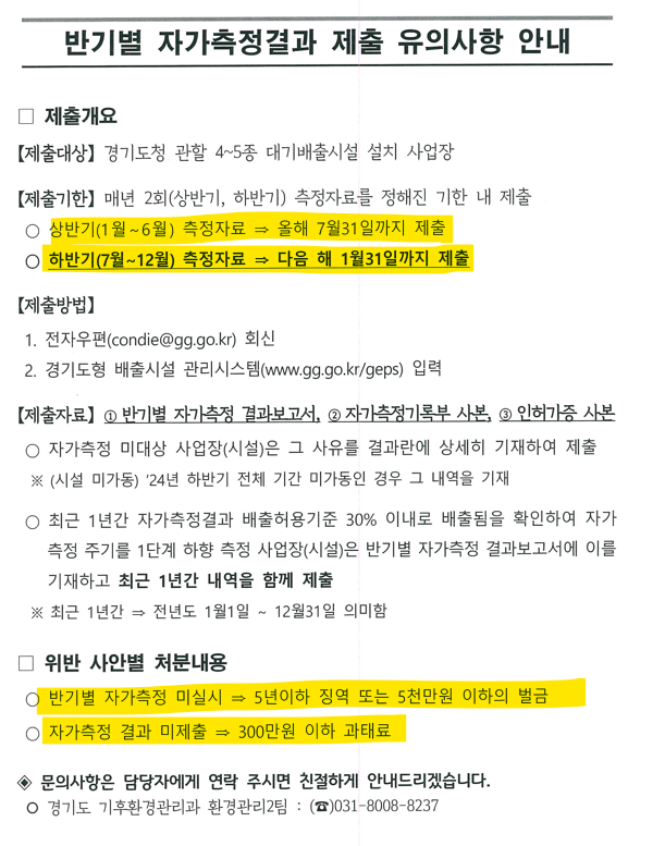 대기 자가측정 결과 보고 제출기한 위반시 처분