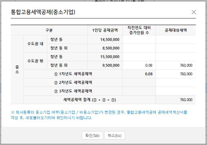 더존 위하고 종합소득세 신고시 통합 고용 세액공제 작성 방법 감면율 1차년도 농특세 납부대상 최저한세 대상 세무