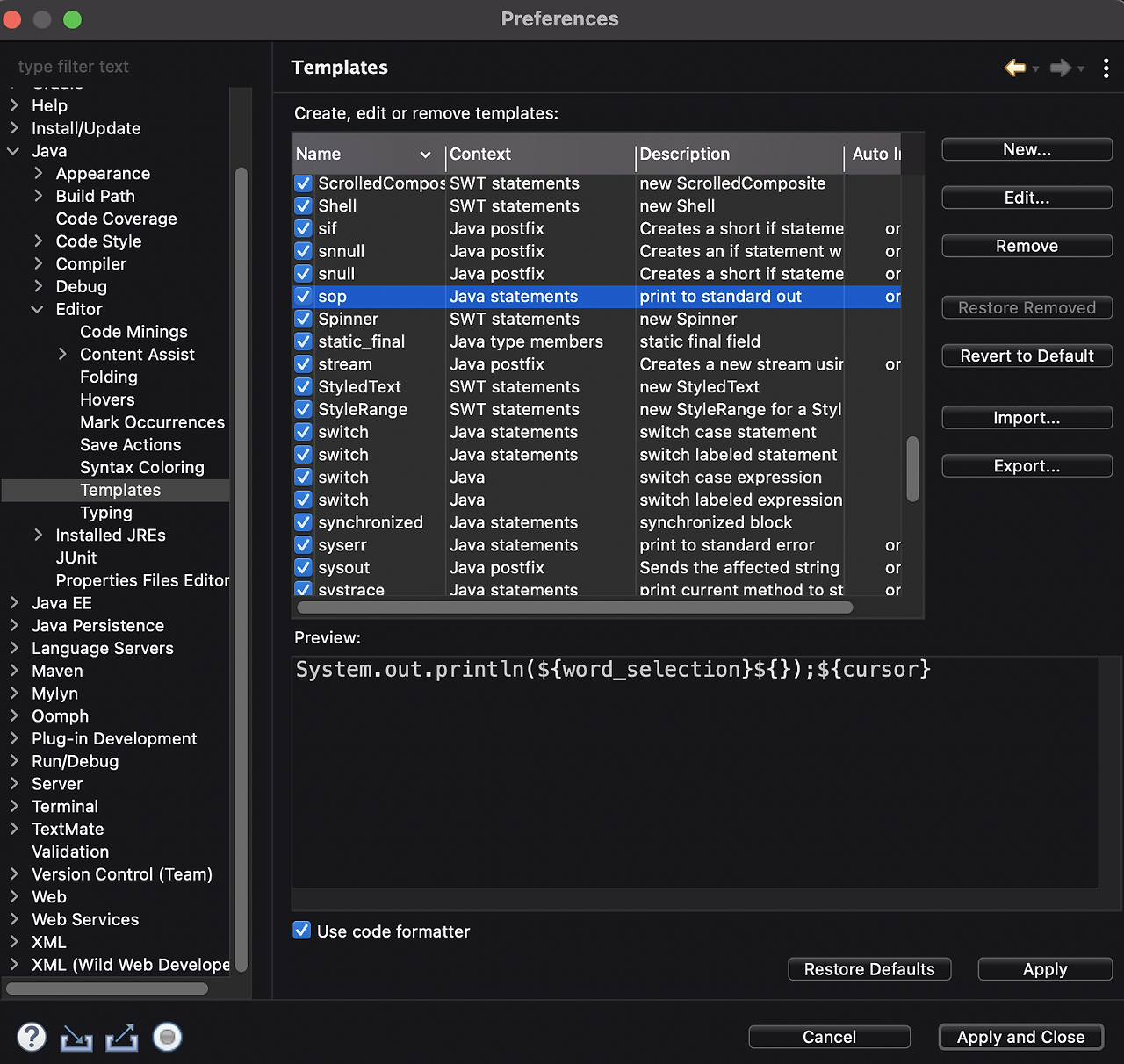 [Mac] 이클립스 System.out.println 자동완성을 sysout에서 sop로 바꾸기
