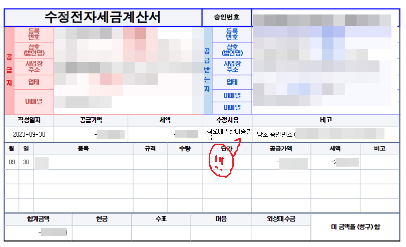 수정세금계산서를 잘 못 발행한 경우 다시 수정하는 방법 기재사항착오정정 착오에의한이중발급 부가세가산세