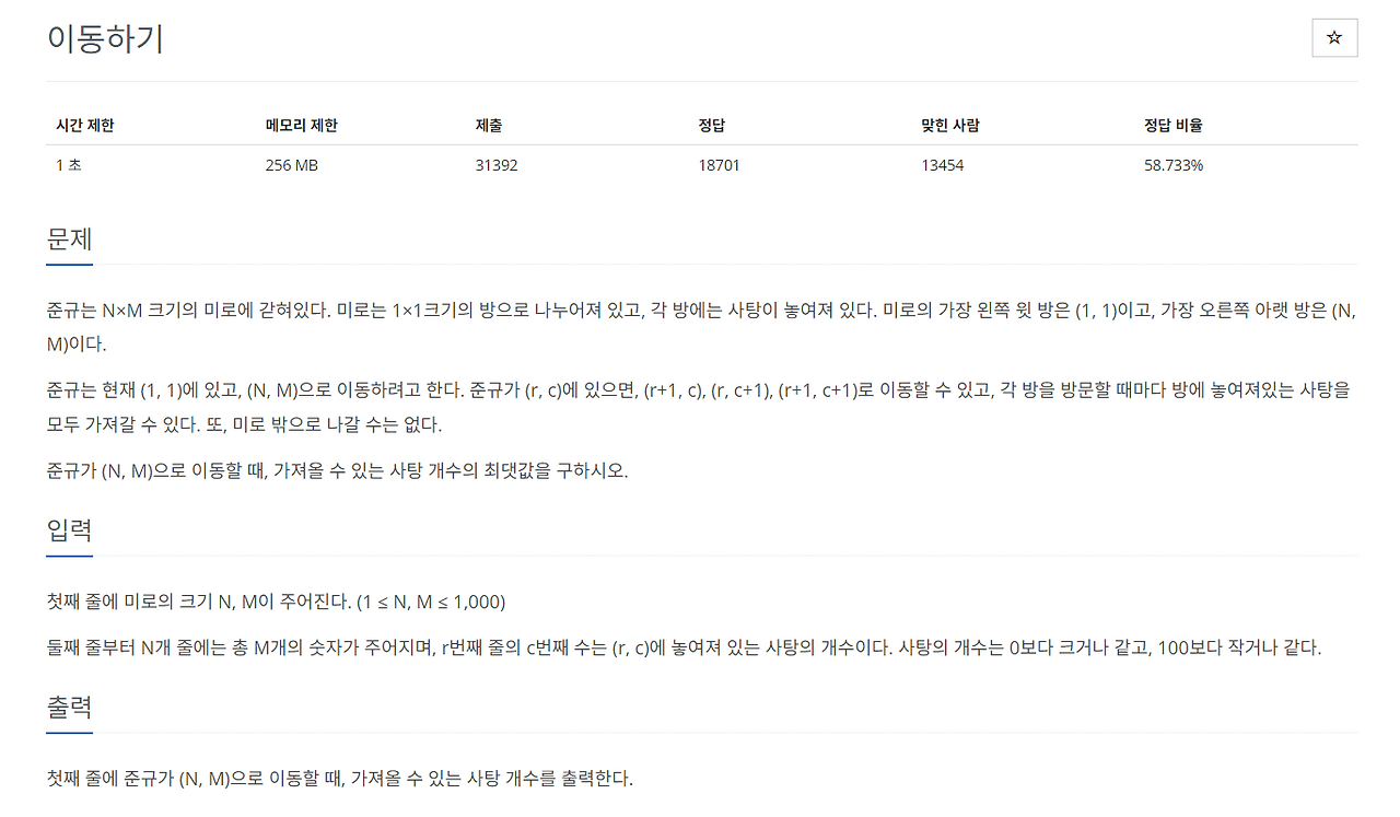 [Java] 백준(Baekjoon) 11048. 이동하기