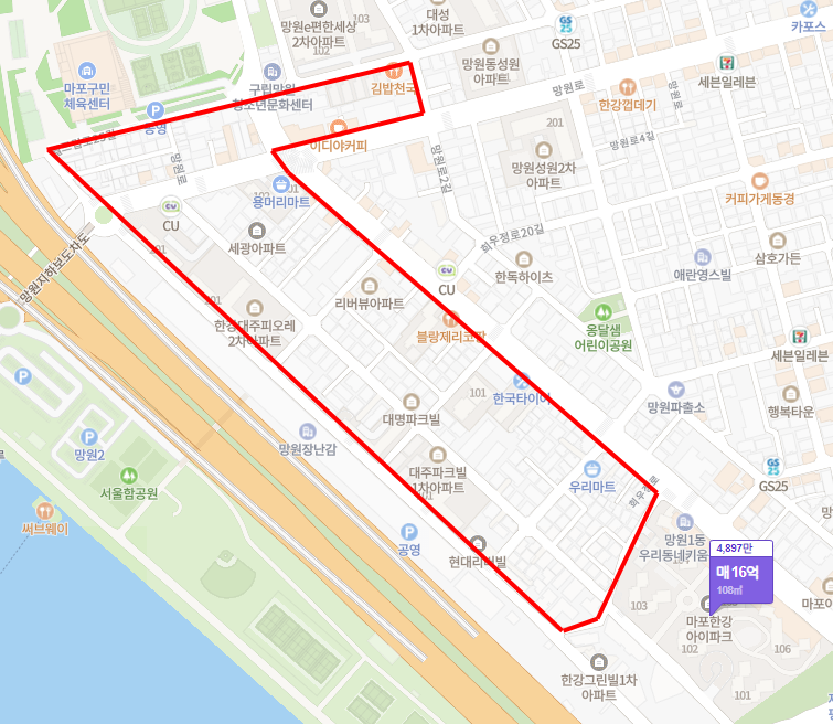 모아타운 마포구 망원동 456 6 일원 구역도 인근시세