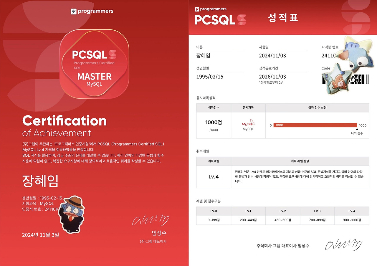 PCSQL (프로그래머스 SQL역량인증) 후기 (Lv.4, 만점)