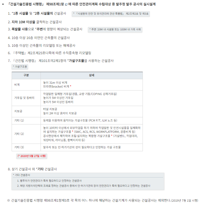 설계의 안전성 검토 대상 건설공사 안전관리계획서 수립대상 비교