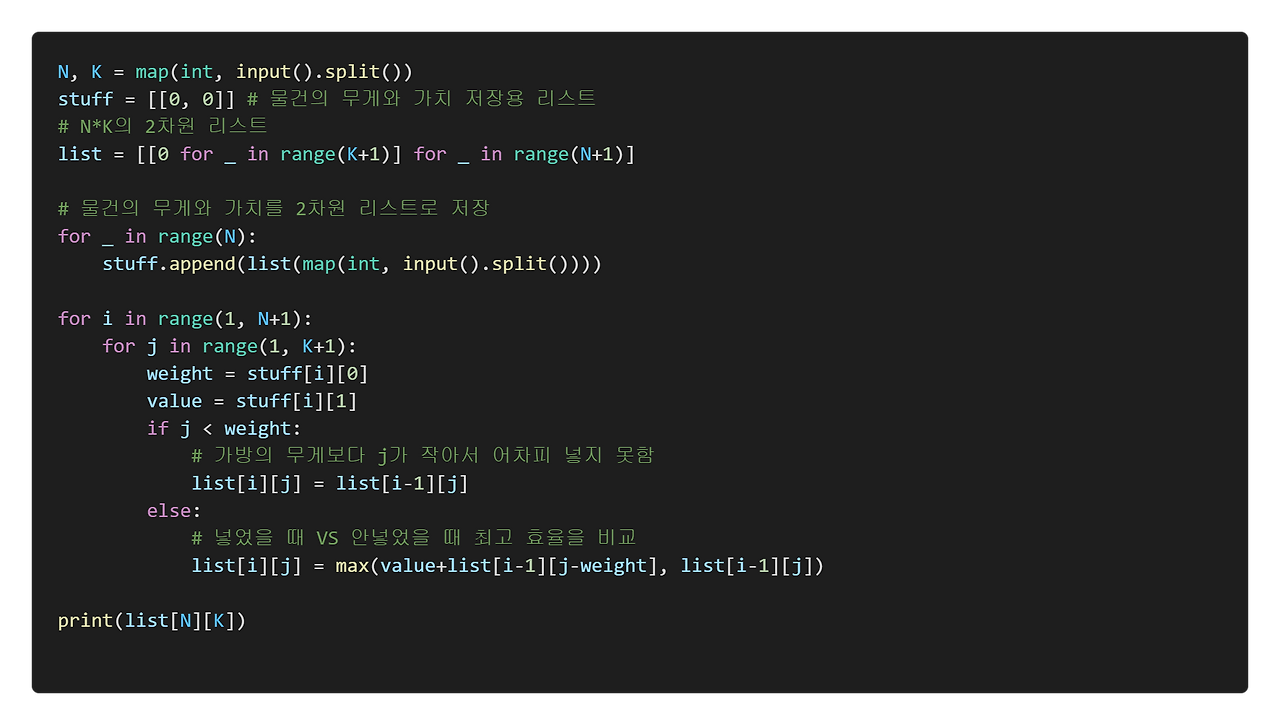 백준 12865번 (냅색 알고리즘과 이차원 리스트 초기화) :: Code Diary