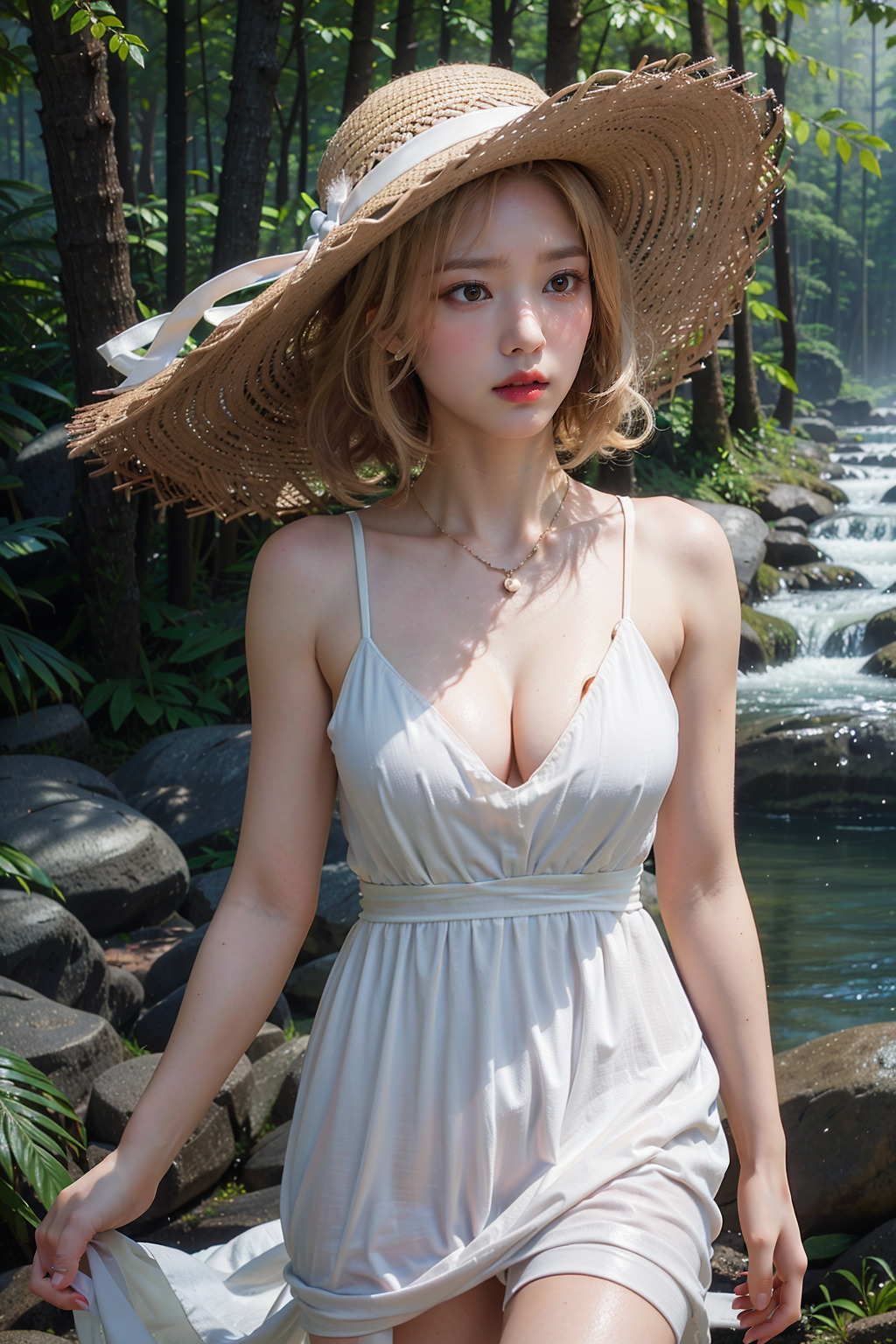 밀짚모자 파스텔 화이트 선드레스 입은 Ai여자 이미짓 생성 2