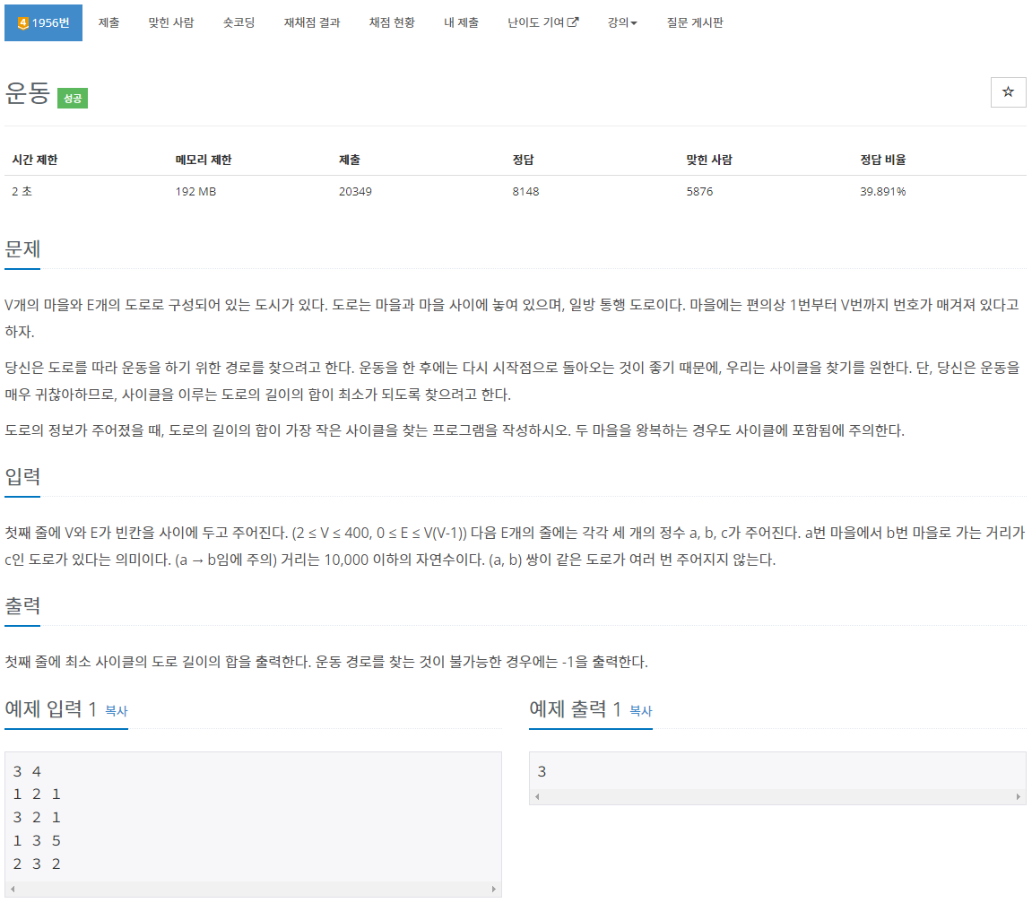 [자바] 백준 1956 - 운동 (java) - Nahwasa