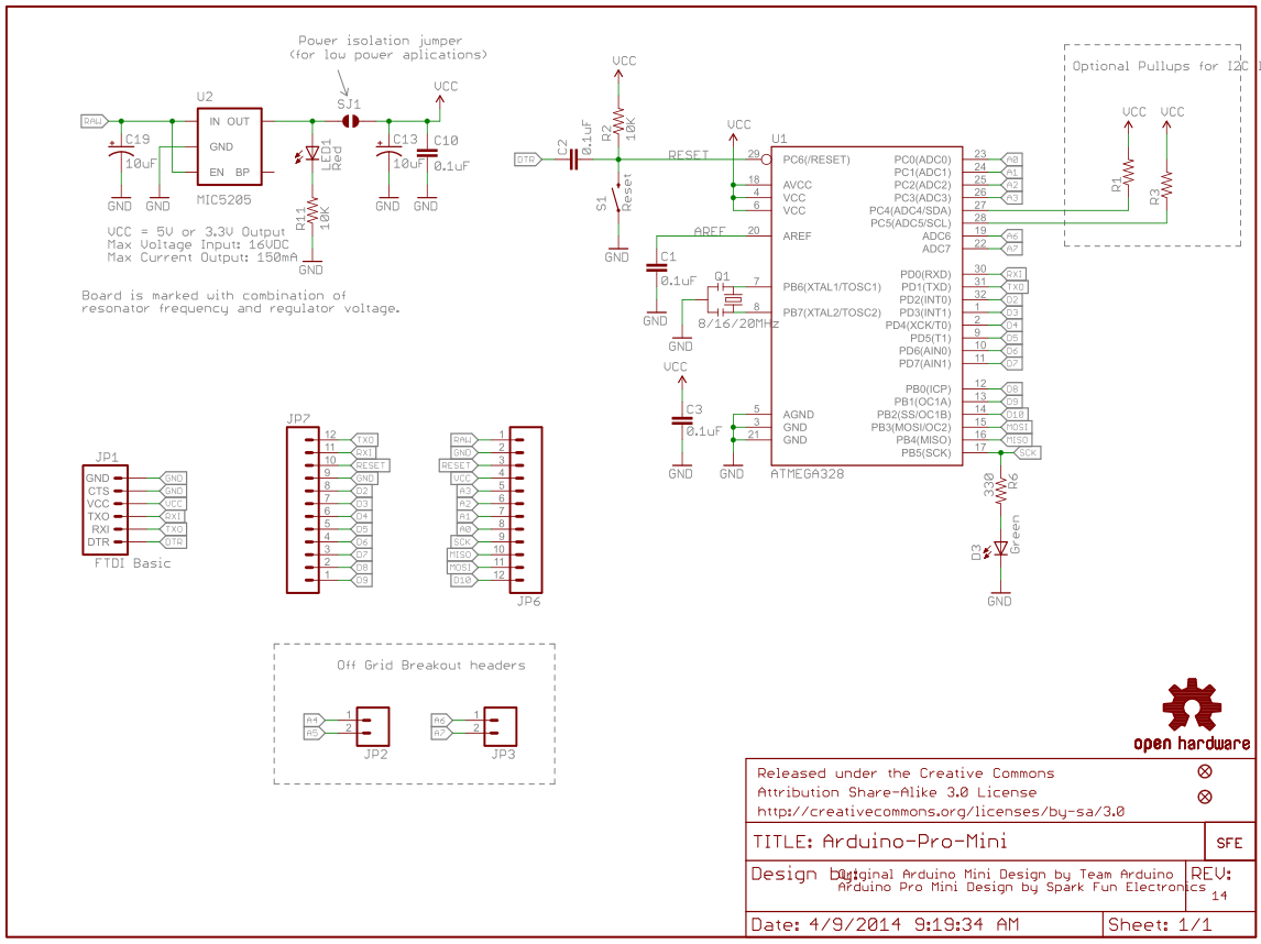 아두이노 프로 미니 핀아웃 Arduino Pro Mini Pinout 핀 다이어그램 회로도 이글캐드 파일