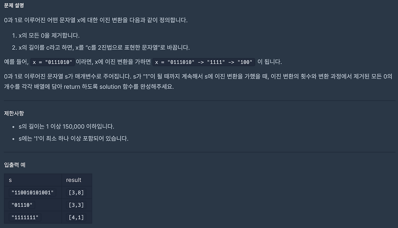 [Programmers] Lv2. 이진 변환 반복하기 :: wonseok.log
